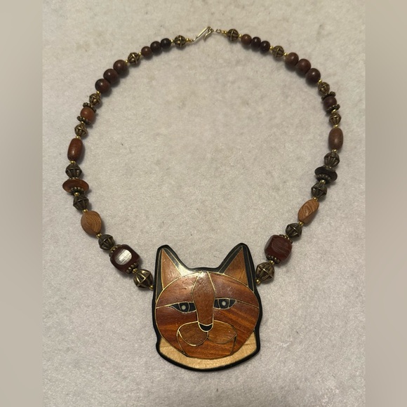 Jewelry | Vintage Wood Inlay Cat Pendant Necklace | Poshmark
